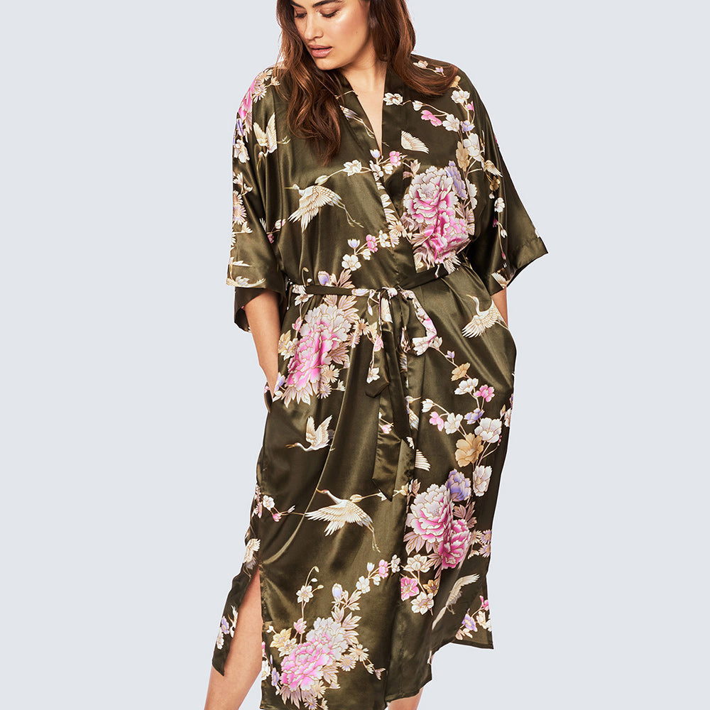 Chrysanthemum & Crane Long Kimono Robe, Plus Size