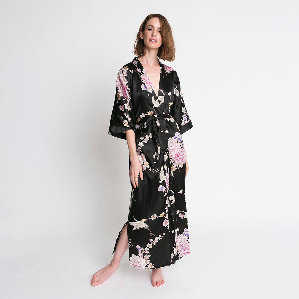 Chrysanthemum & Crane Long Satin Kimono Robe | KIM+ONO – kimandono.com