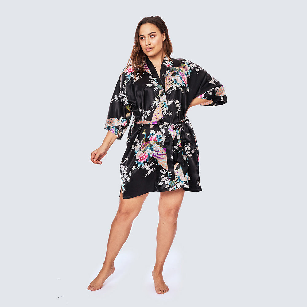 Peacock & Blossoms Plus Size Short Kimono Robe | KIM+ONO – kimandono.com