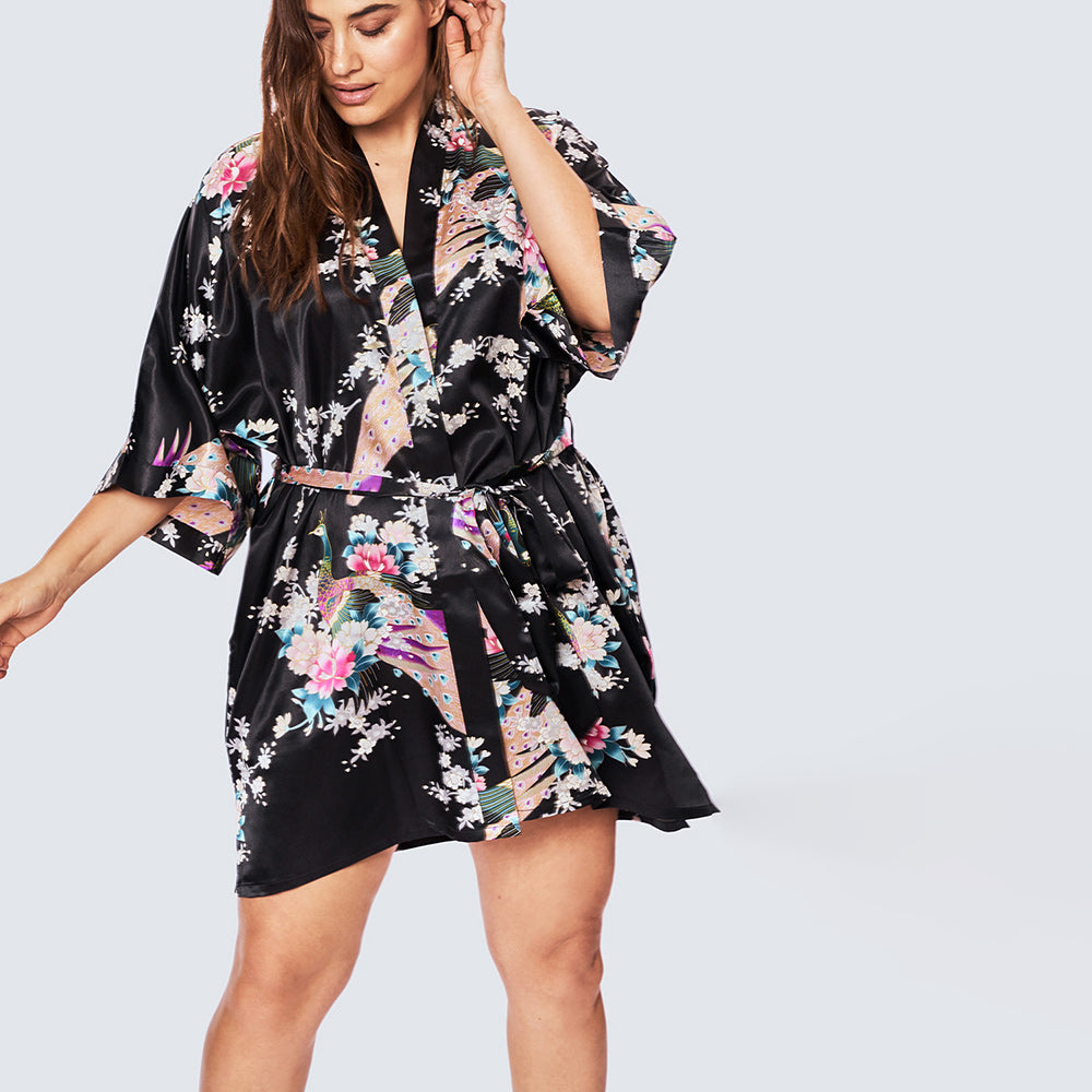Peacock & Blossoms Plus Size Short Kimono Robe | KIM+ONO – kimandono.com