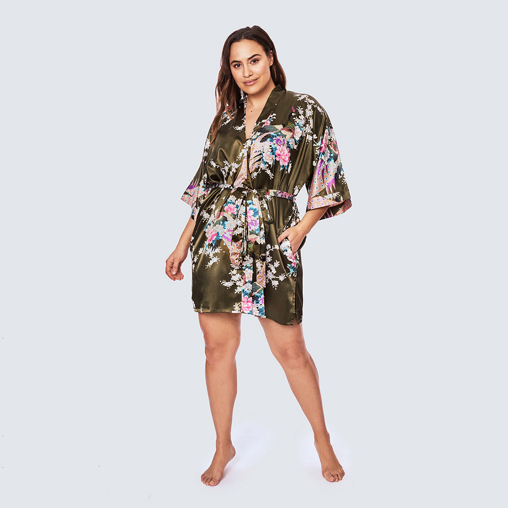 Peacock & Blossoms Plus Size Short Kimono Robe | KIM+ONO – kimandono.com