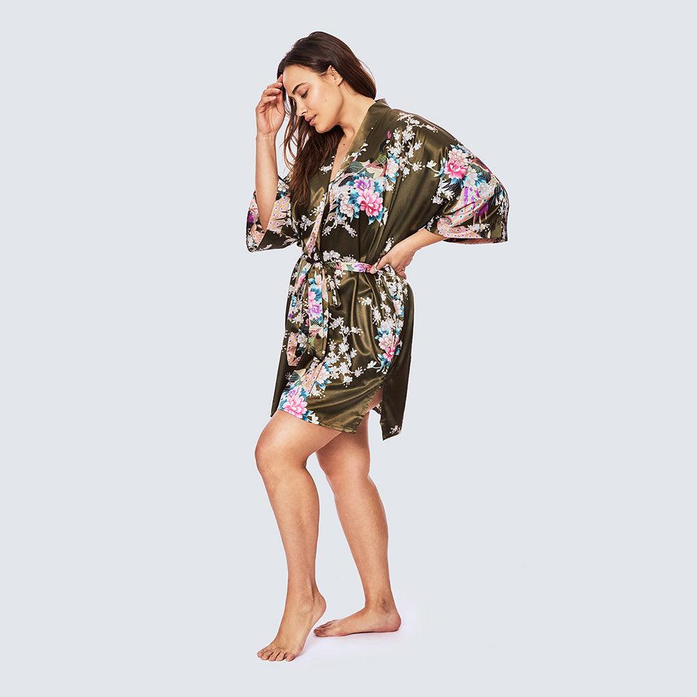 Peacock & Blossoms Plus Size Short Kimono Robe | KIM+ONO – kimandono.com