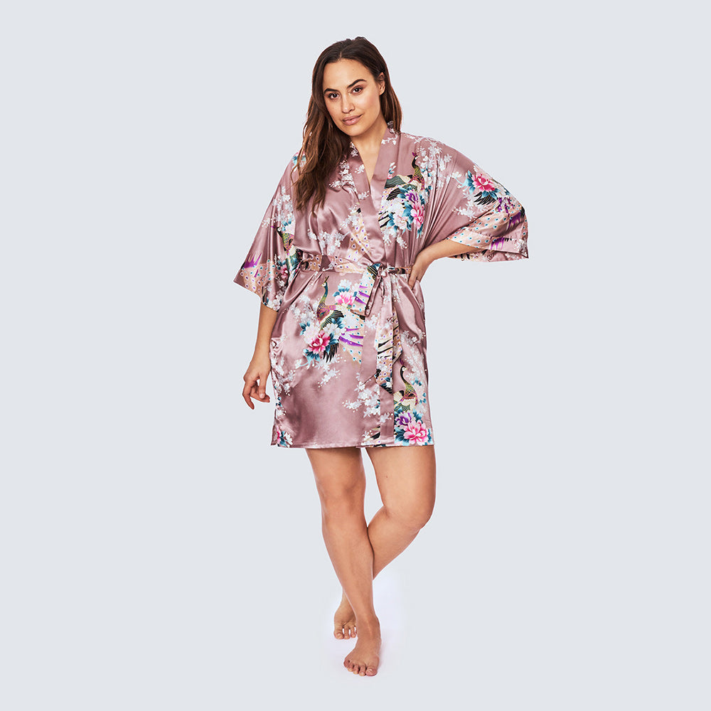 Peacock & Blossoms Plus Size Short Kimono Robe | KIM+ONO – kimandono.com