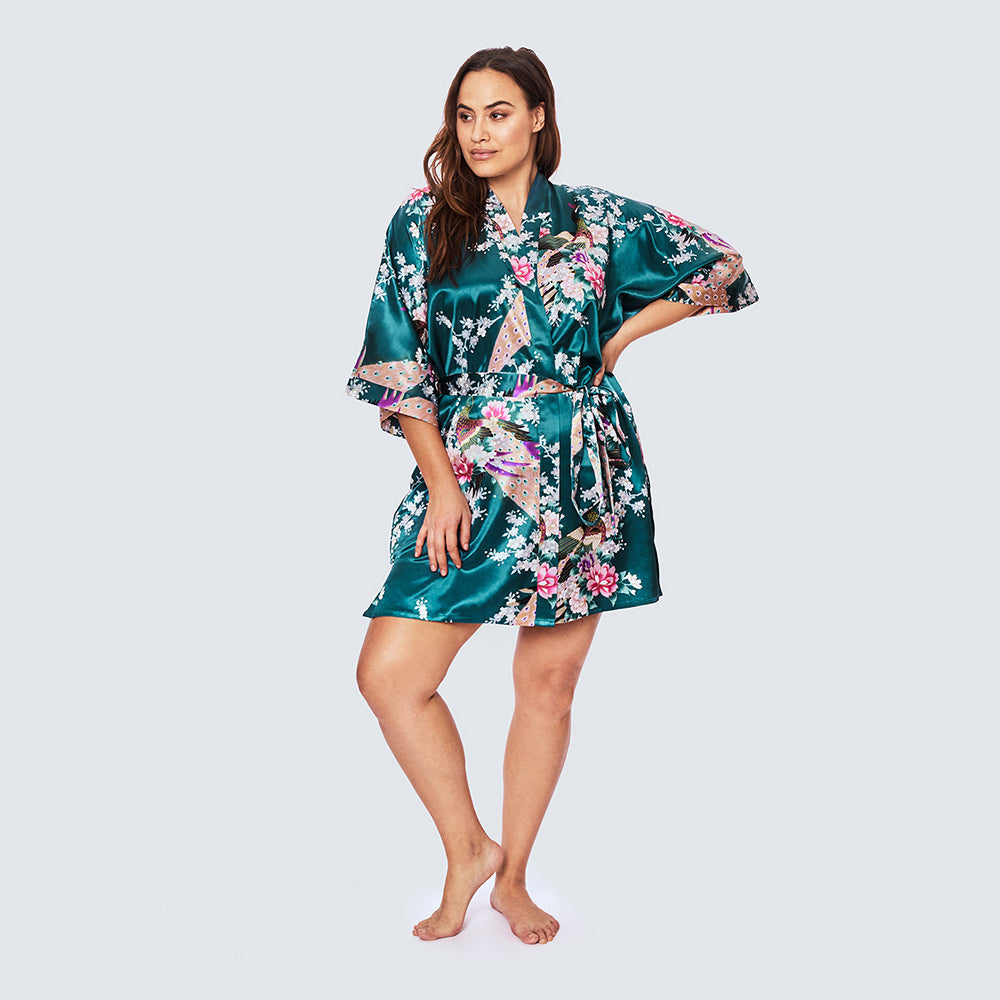 Peacock & Blossoms Plus Size Short Kimono Robe | KIM+ONO – kimandono.com