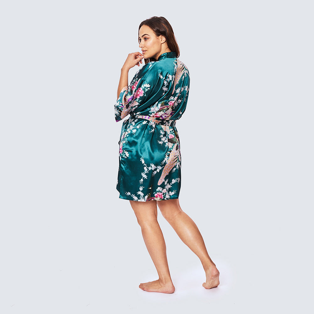 Peacock & Blossoms Plus Size Short Kimono Robe | KIM+ONO – kimandono.com