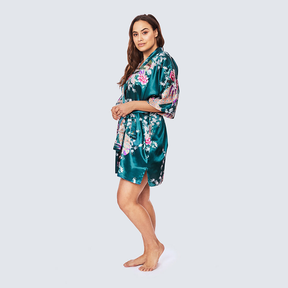 Peacock & Blossoms Plus Size Short Kimono Robe | KIM+ONO – kimandono.com