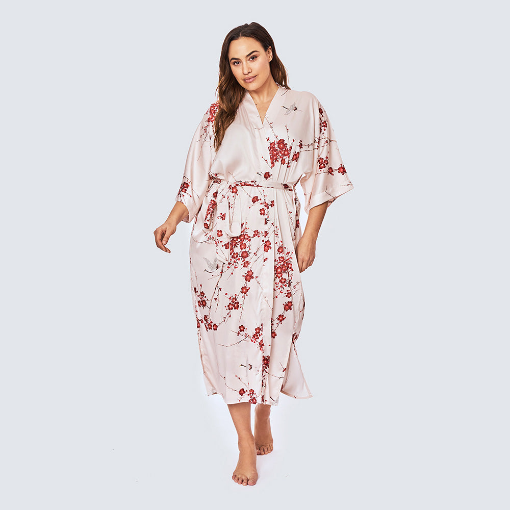 Cherry Blossom & Crane Plus Size Long Kimono Robe | KIM+ONO – kimandono.com