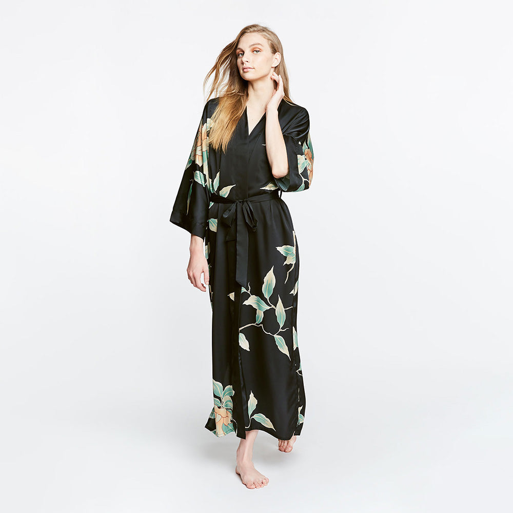 Floral Tie Waist Kimono Robe with Side Slit | KIM+ONO – kimandono.com