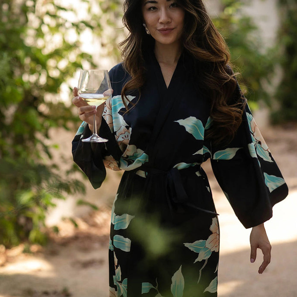 Floral Tie Waist Kimono Robe with Side Slit | KIM+ONO – kimandono.com