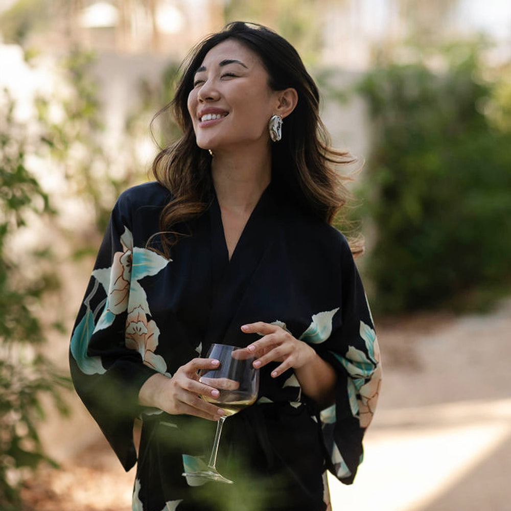 Floral Tie Waist Kimono Robe with Side Slit | KIM+ONO – kimandono.com