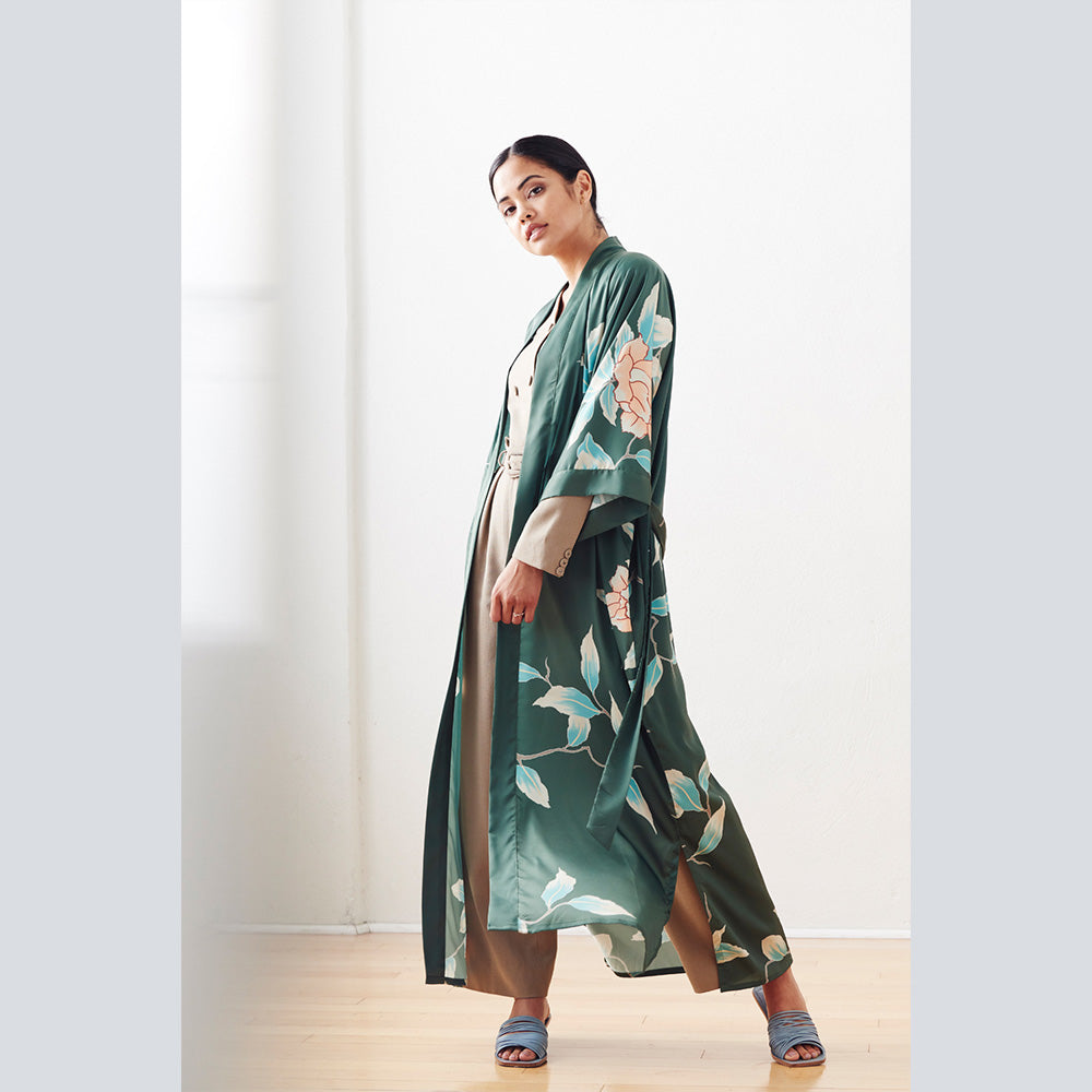 Floral Tie Waist Kimono Robe with Side Slit | KIM+ONO – kimandono.com