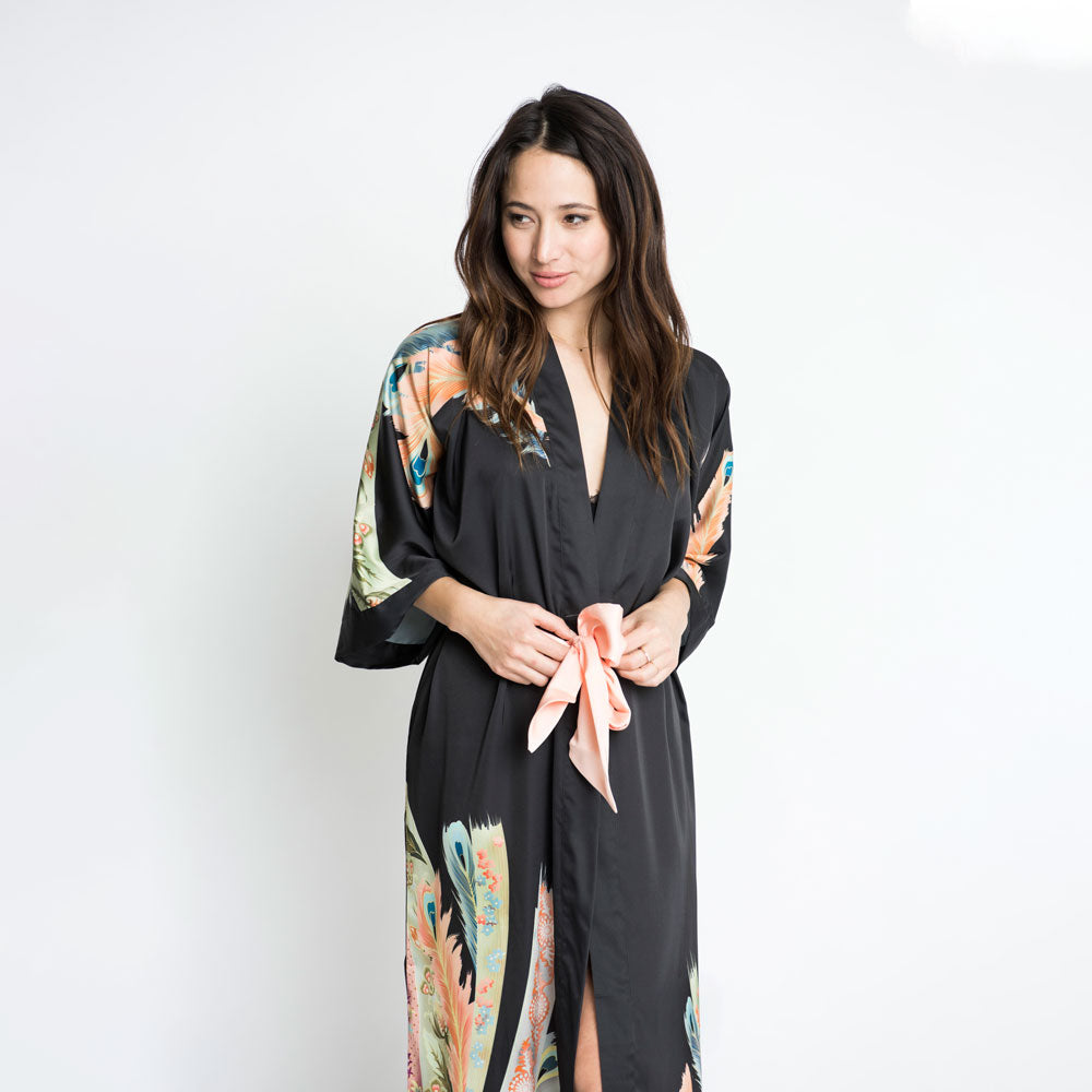 Peacock Feather Kimono Robe - Long | Peacock Robe | KIM+ONO – kimandono.com