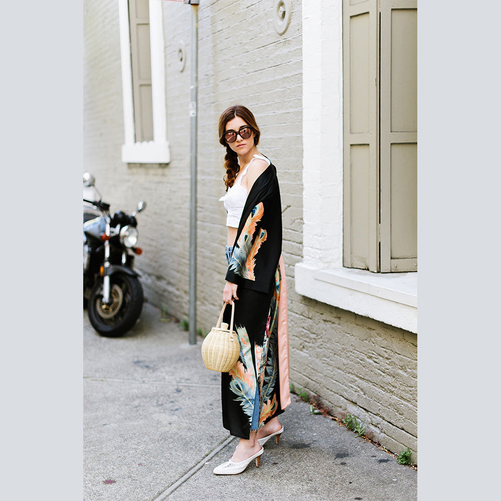 Peacock Feather Kimono Robe - Long | Peacock Robe | KIM+ONO – kimandono.com