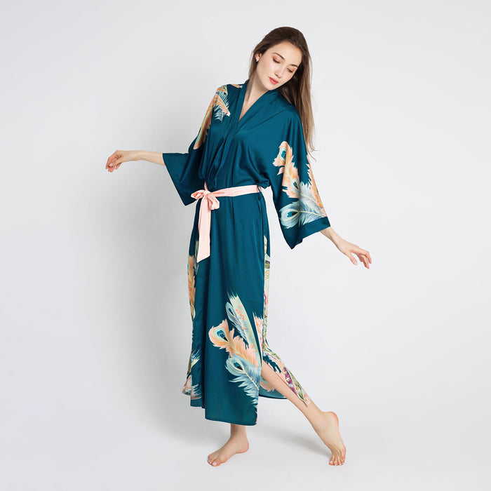 Peacock Feather Kimono Robe - Long | Peacock Robe | KIM+ONO – kimandono.com