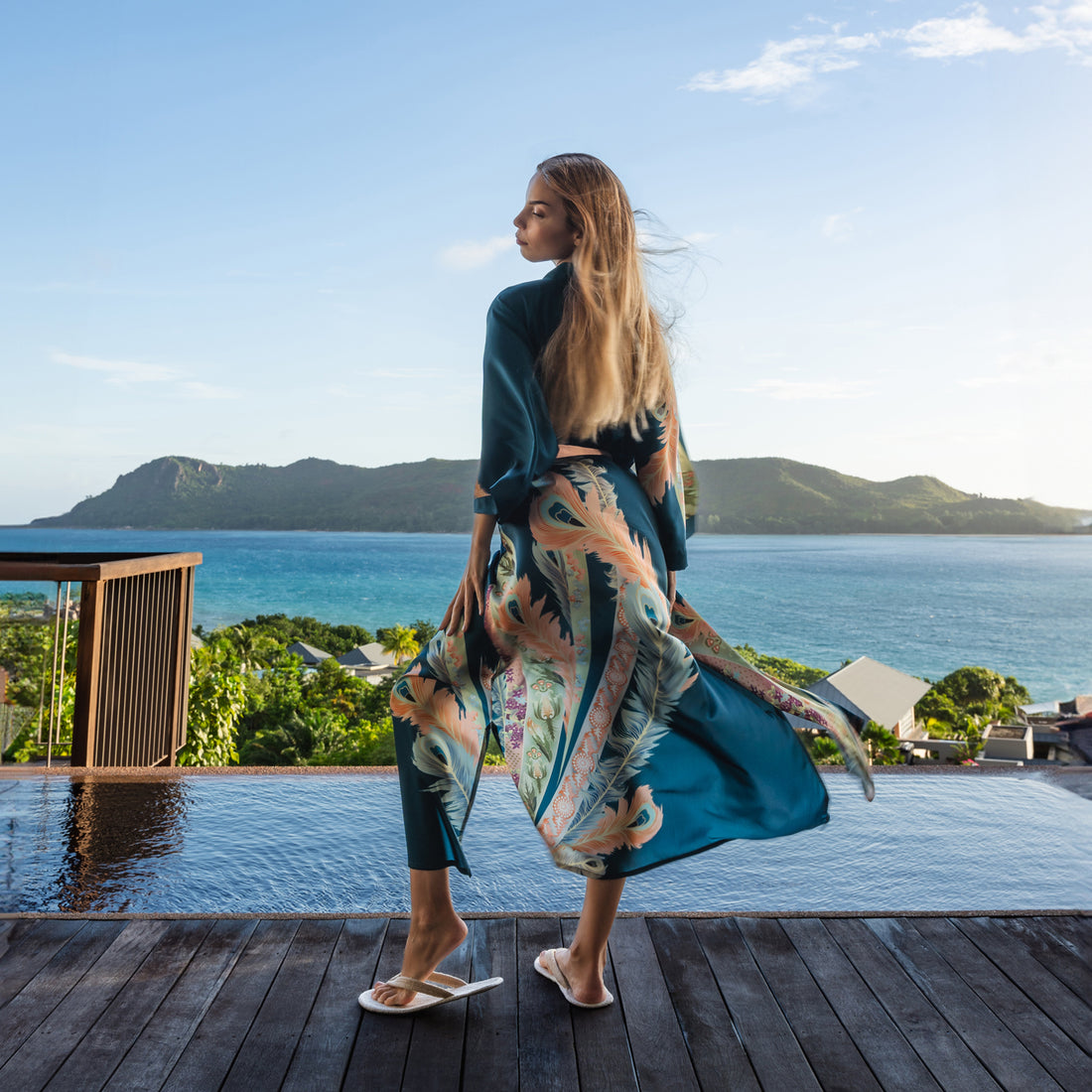 Peacock Feather Kimono Robe - Long | Peacock Robe | KIM+ONO – kimandono.com