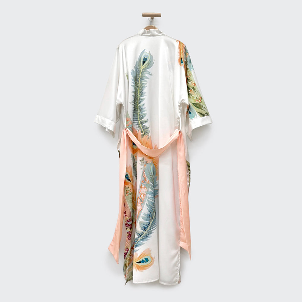 Peacock Feather Teal Kimono Robe for Men - Long