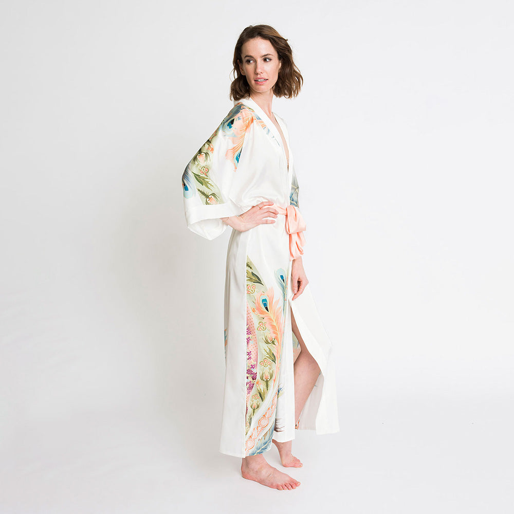 Peacock Feather Kimono Robe - Long | Peacock Robe | KIM+ONO – kimandono.com