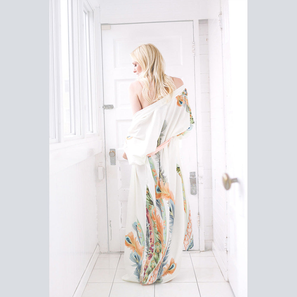 Peacock Feather Kimono Robe - Long | Peacock Robe | KIM+ONO – kimandono.com