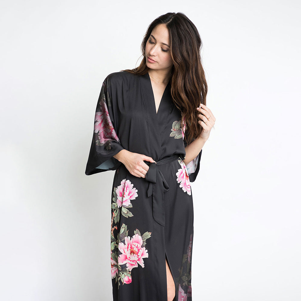 Peony & Bird Long Kimono Robe - Pink, Black, White, & Green – kimandono.com