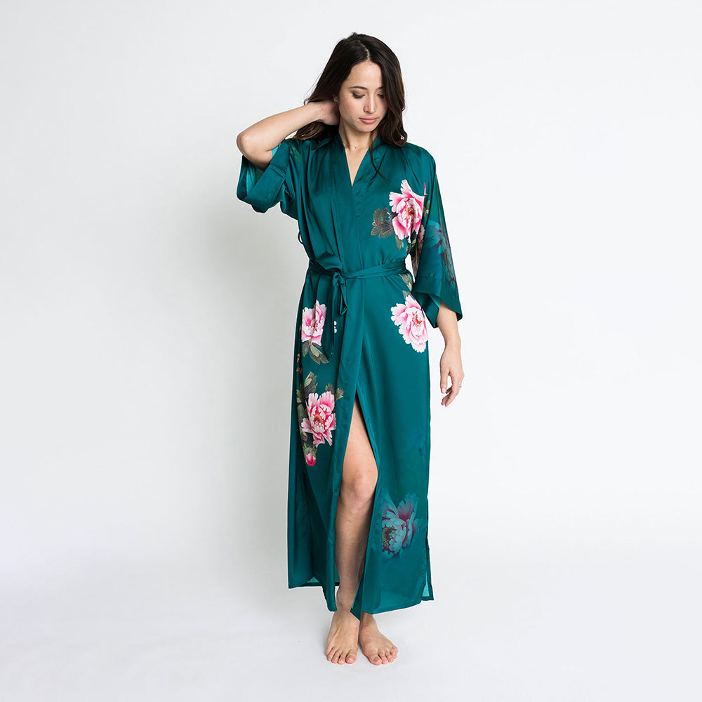 Peony & Bird Long Kimono Robe - Pink, Black, White, & Green – kimandono.com