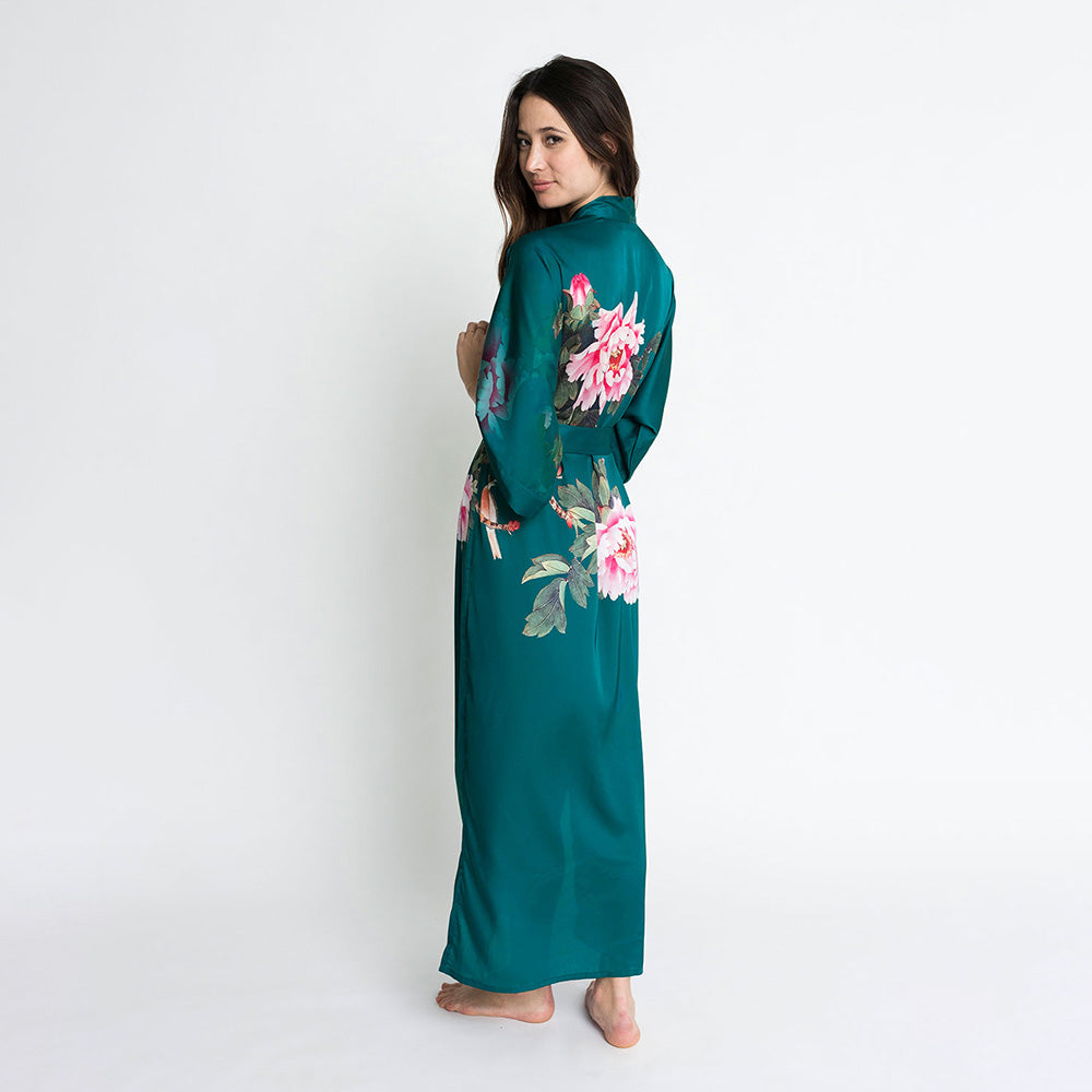 Peony & Bird Long Kimono Robe - Pink, Black, White, & Green – kimandono.com