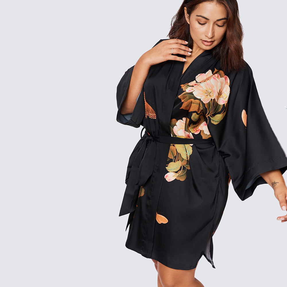 Plus Size Peony & Butterfly Kimono Robe - Short | KIM+ONO – kimandono.com