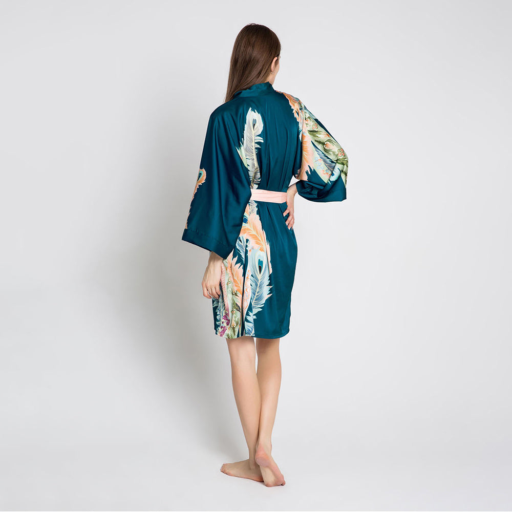 Peacock Feather Kimono Robe - Short | KIM+ONO
