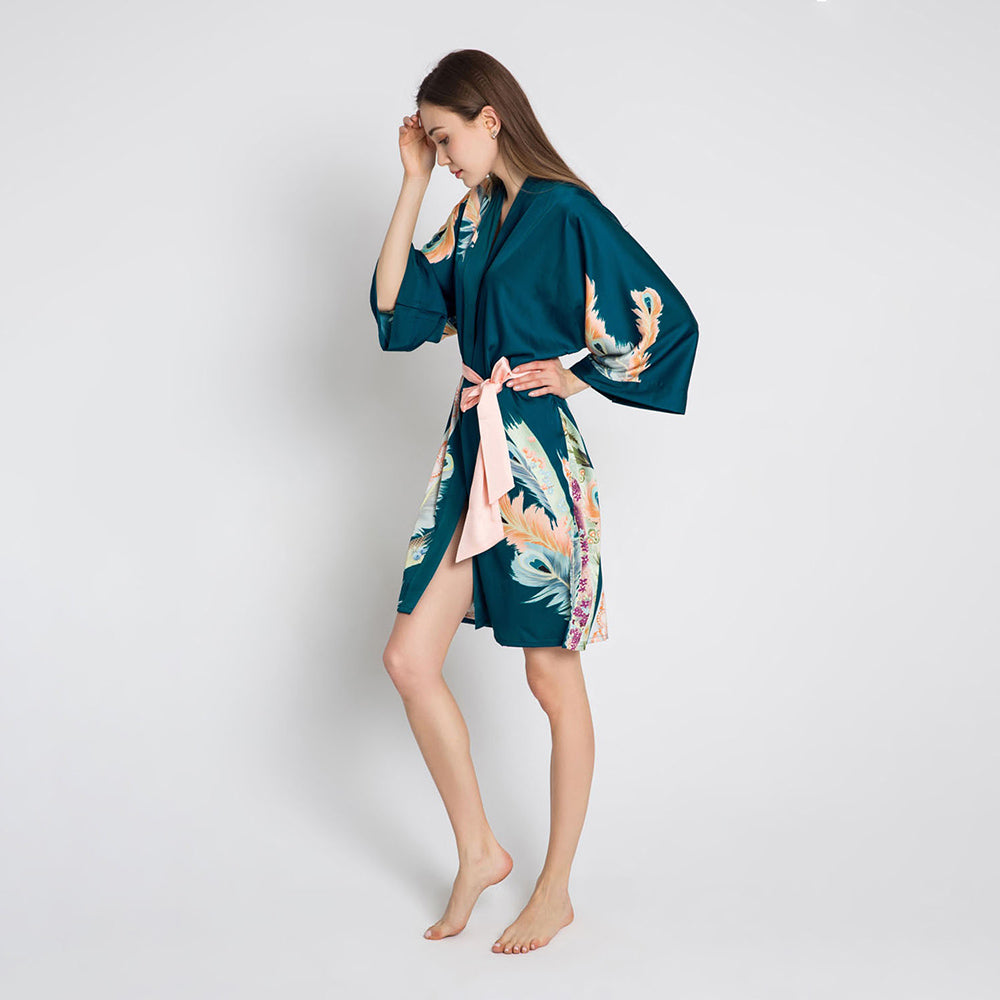 Peacock Feather Kimono Robe - Short | KIM+ONO