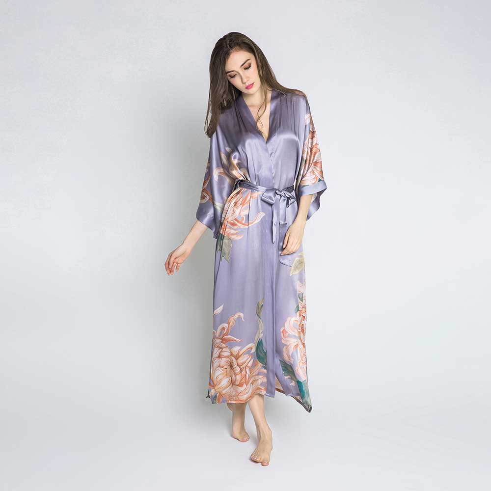 Kiku Long Silk Kimono Robe | Full Length Kimono Robe – kimandono.com