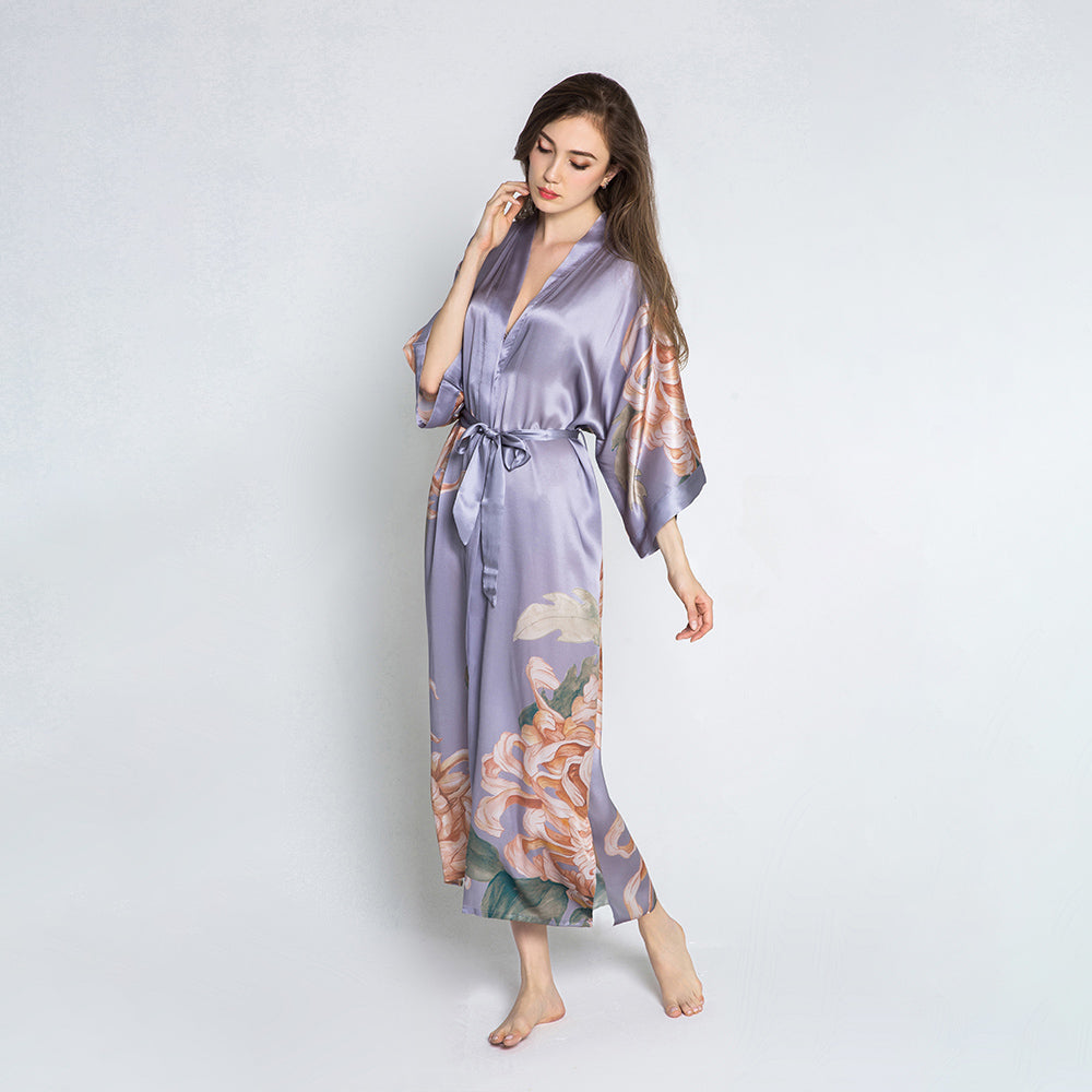 Kiku Long Silk Kimono Robe | Full Length Kimono Robe – kimandono.com