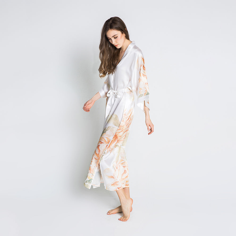 Kiku Long Silk Kimono Robe | Full Length Kimono Robe – kimandono.com