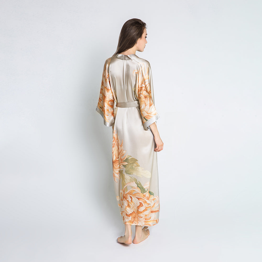 Kiku Long Silk Kimono Robe | Full Length Kimono Robe – kimandono.com