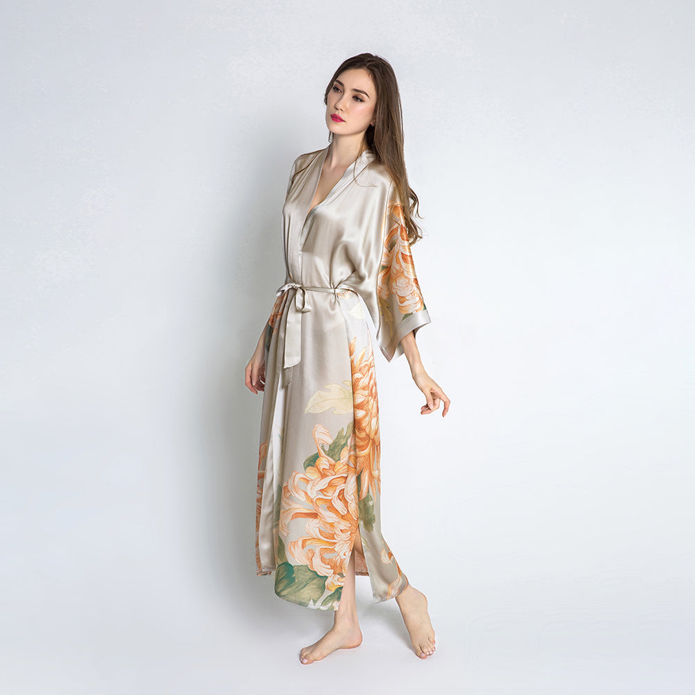 Kiku Long Silk Kimono Robe | Full Length Kimono Robe – kimandono.com