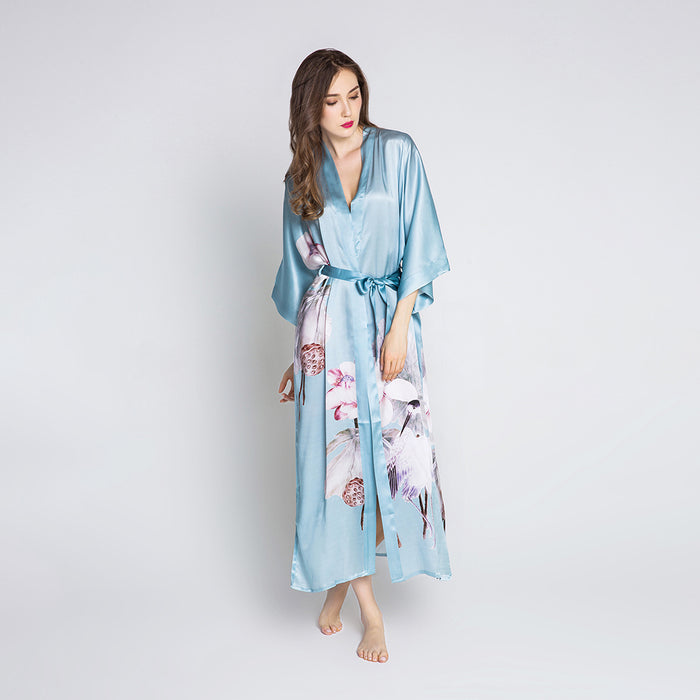 Kuren Silk Long Kimono Robe | Floral Crane Kimono – kimandono.com