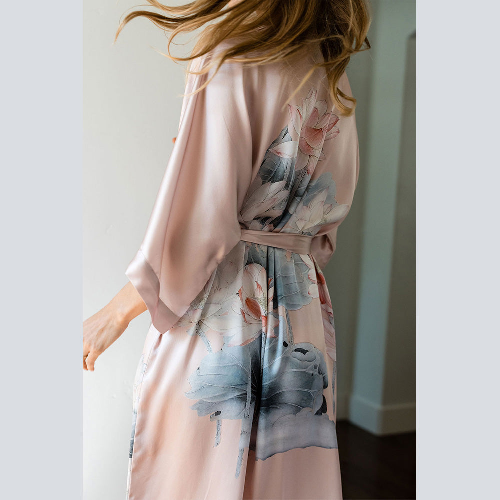 Silk Lotus Flower Kimono Robe - Long | KIM+ONO – kimandono.com