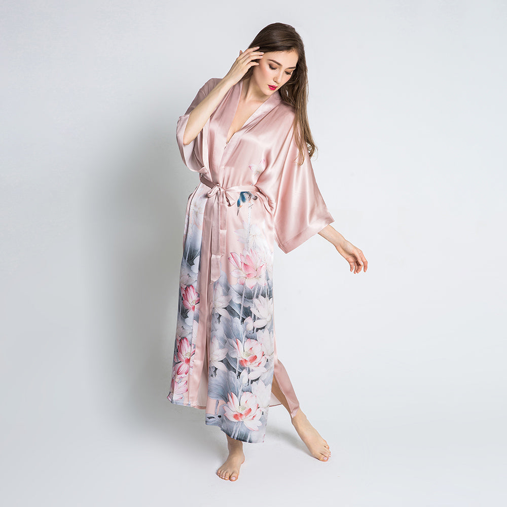 Silk Lotus Flower Kimono Robe - Long | KIM+ONO – kimandono.com