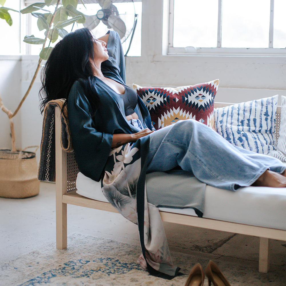 Silk Lotus Flower Kimono Robe - Long | KIM+ONO – kimandono.com