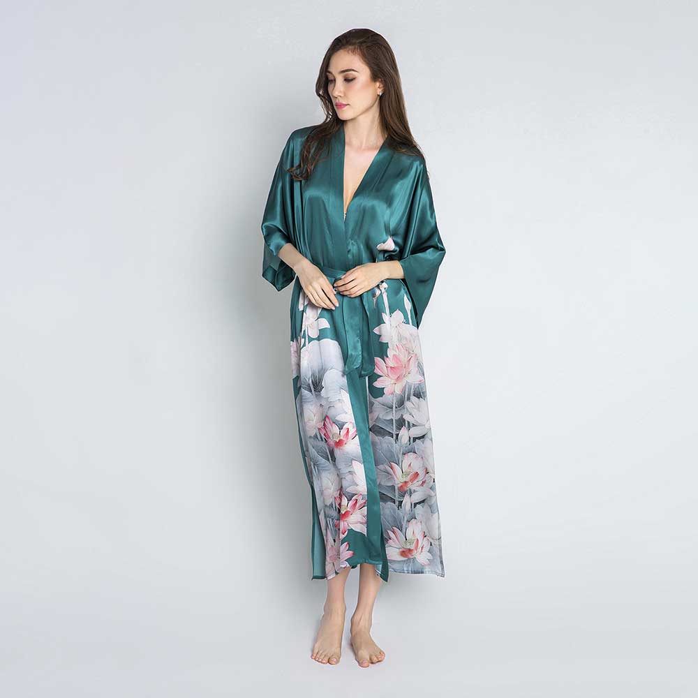 Silk Lotus Flower Kimono Robe - Long | KIM+ONO – kimandono.com