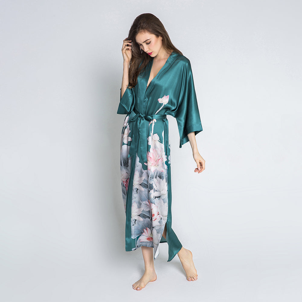 Silk Lotus Flower Kimono Robe - Long | KIM+ONO – kimandono.com