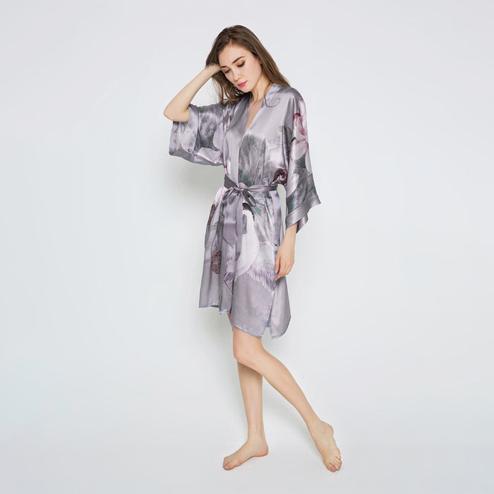 Kuren Silk Short Kimono Robe - Crane & Flowers | KIM+ONO – kimandono.com