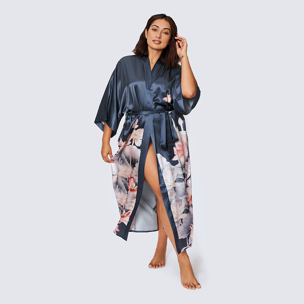Lotus Plus Size Washable Silk Kimono Robe - Long | KIM+ONO – kimandono.com