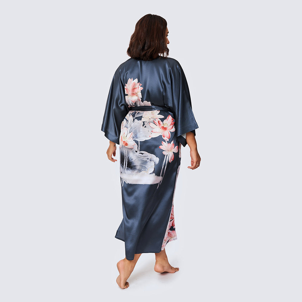 Lotus Plus Size Washable Silk Kimono Robe - Long | KIM+ONO – kimandono.com