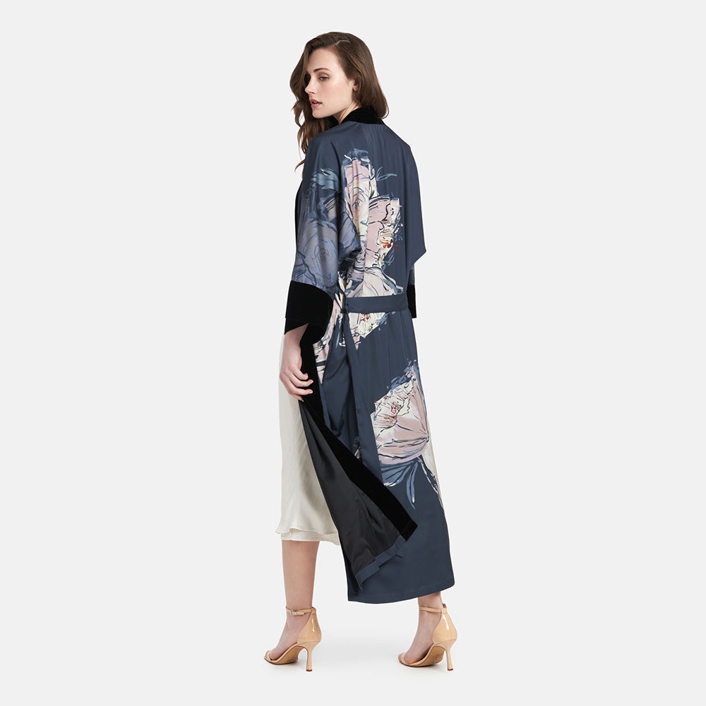 Jia Long Kimono Wrap | Charmeuse Kimono Robe with Velvet Trim ...