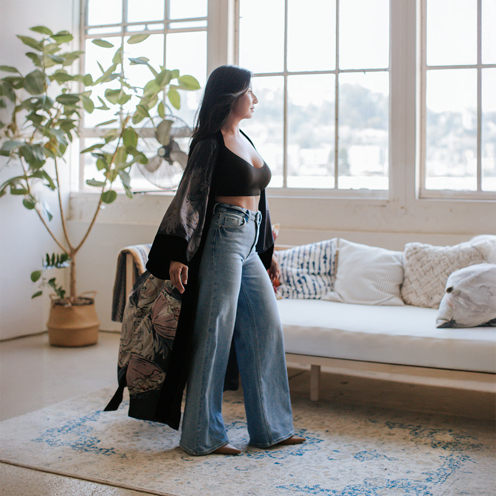 Jia Long Kimono Wrap | Charmeuse Kimono Robe with Velvet Trim ...