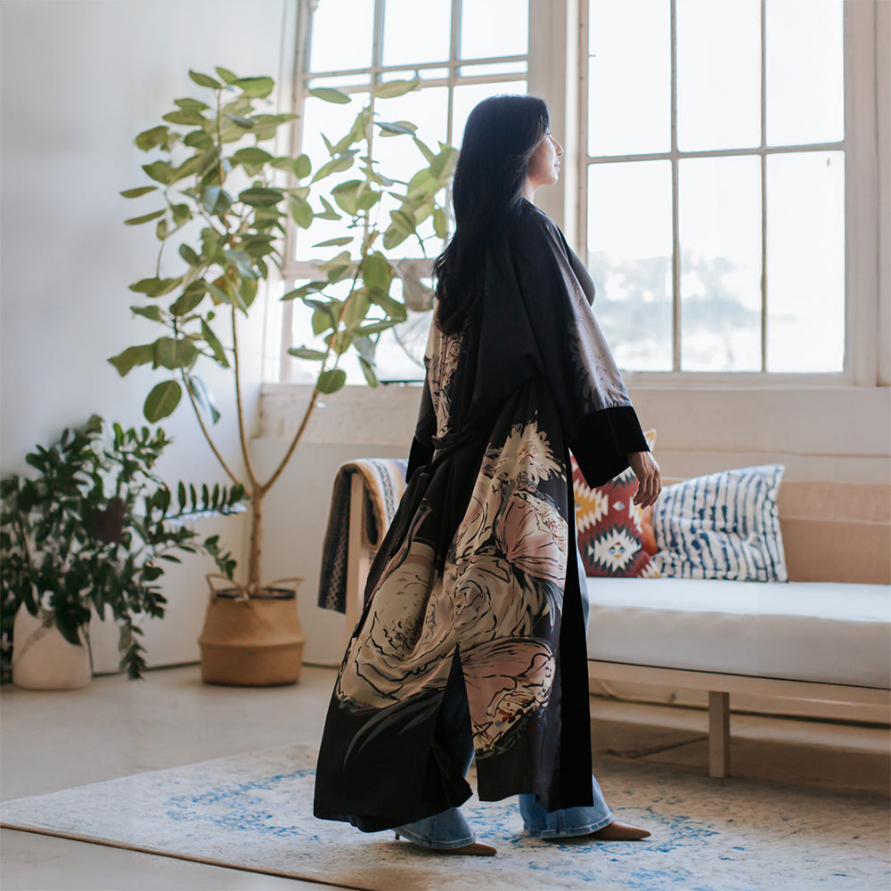 Jia Long Kimono Wrap | Charmeuse Kimono Robe with Velvet Trim ...