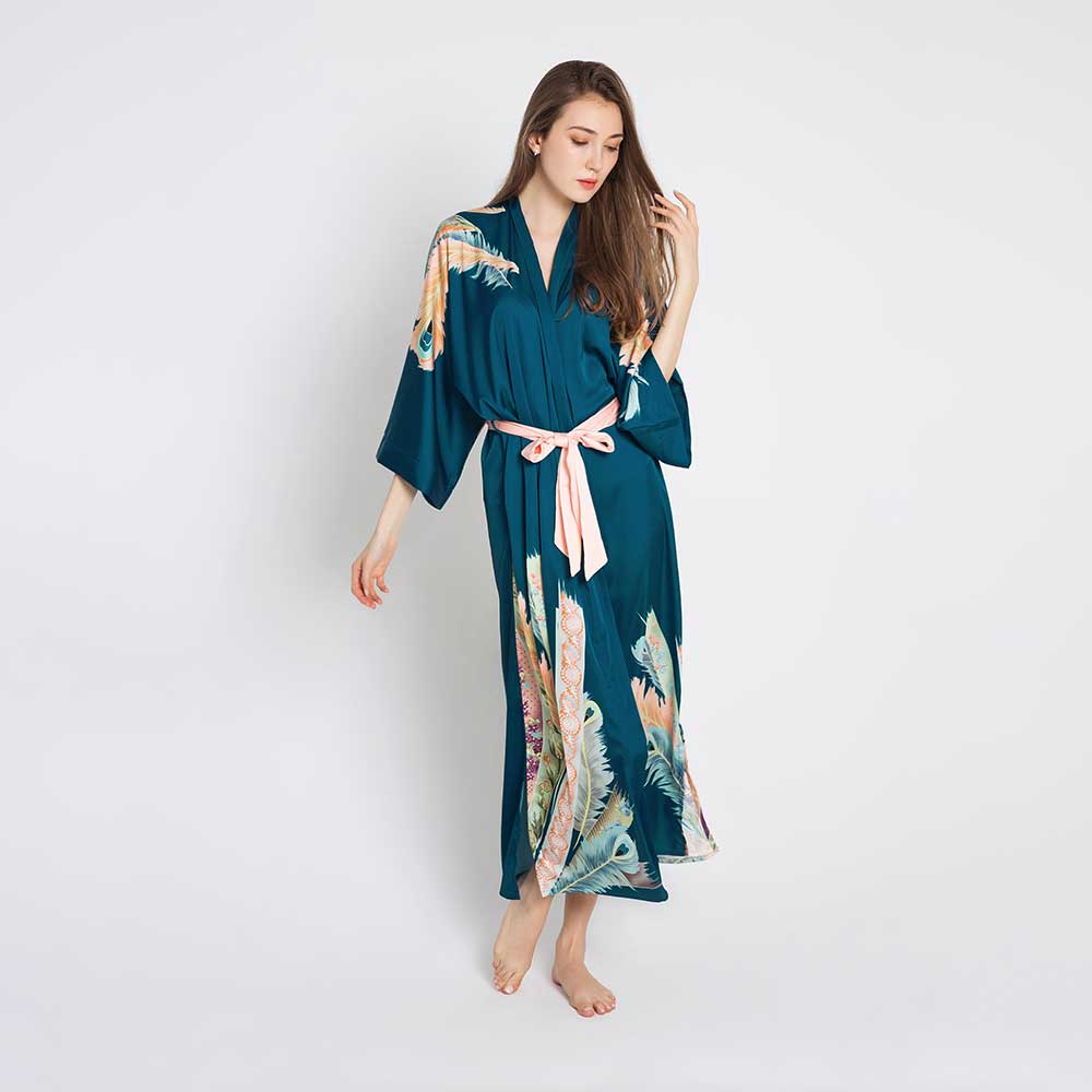 Peacock Feather Kimono Robe - Long | Peacock Robe | KIM+ONO – kimandono.com
