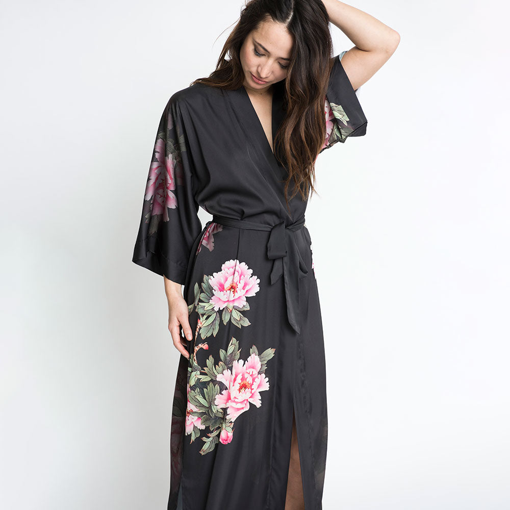 Peony & Bird Long Kimono Robe - Pink, Black, White, & Green – kimandono.com