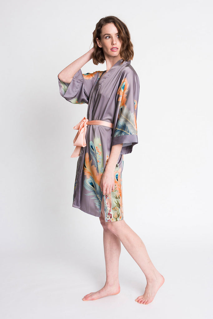 Peacock Feather Kimono Robe - Short | KIM+ONO