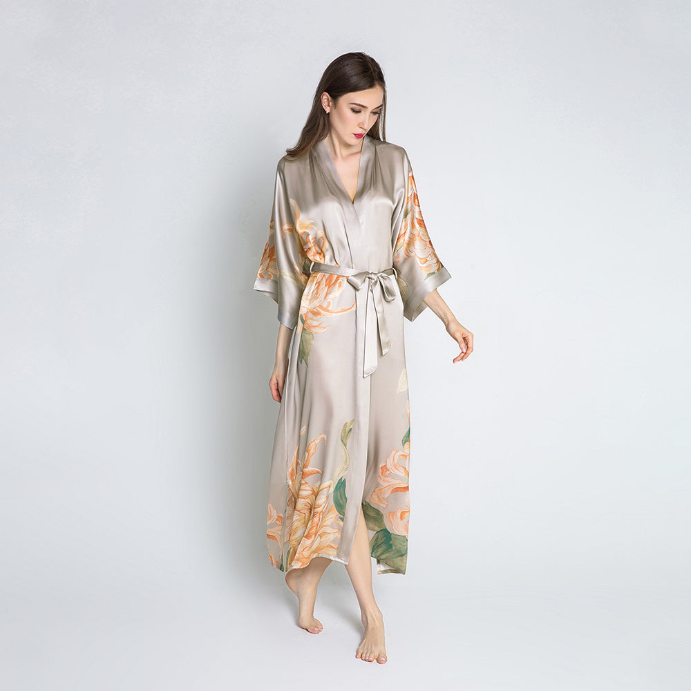 Kiku Long Silk Kimono Robe | Full Length Kimono Robe – kimandono.com