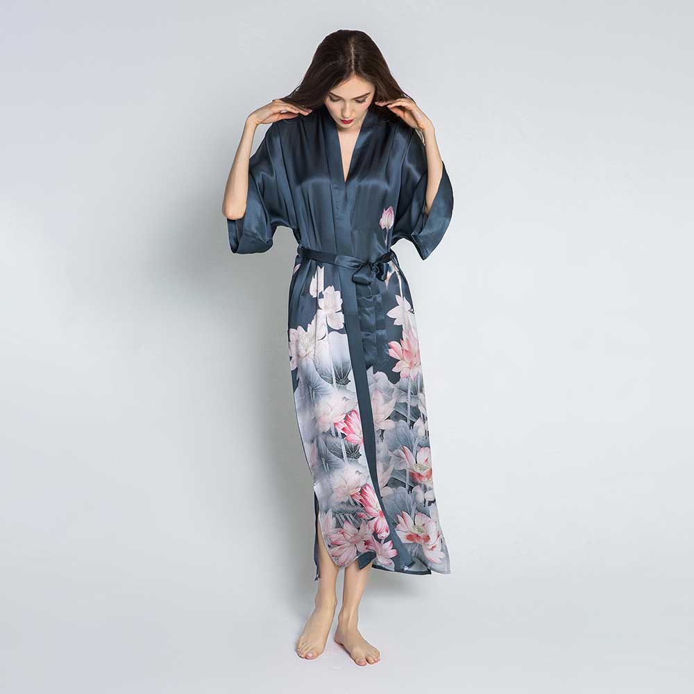 Silk Lotus Flower Kimono Robe - Long | KIM+ONO – kimandono.com